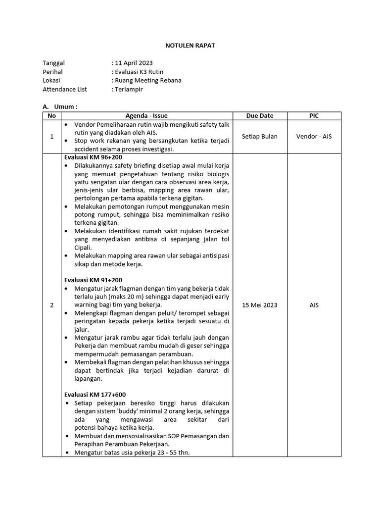 MoM Evaluasi K3 Rutin | PDF