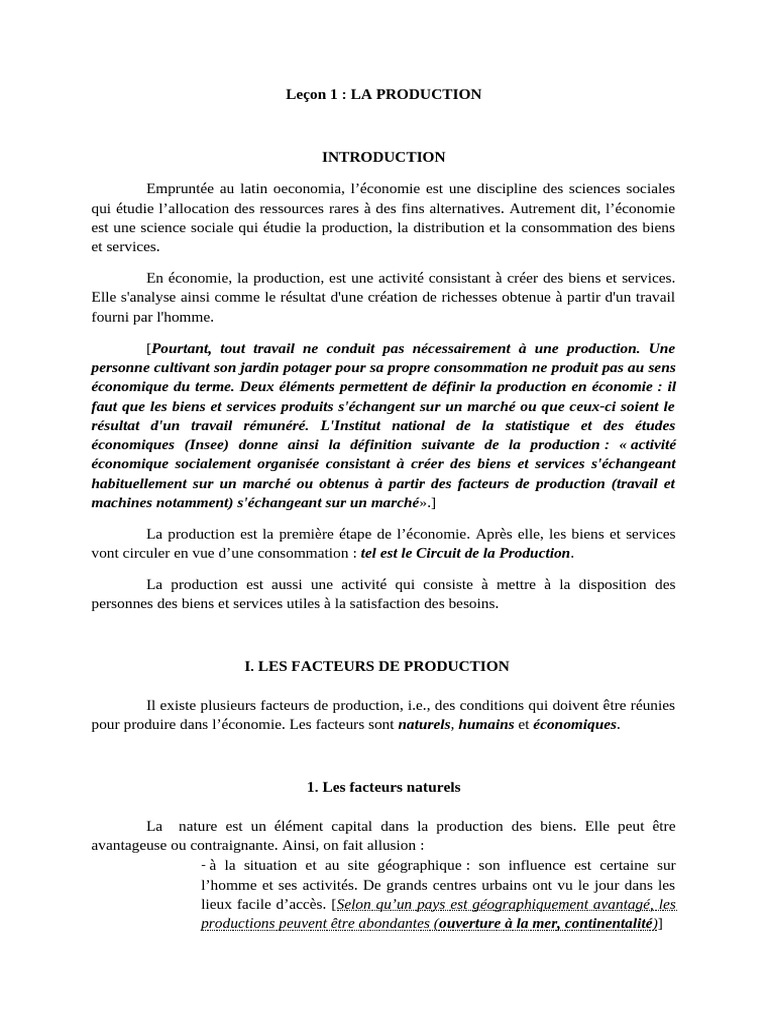 Leçon 1, LA PRODUCTION | PDF