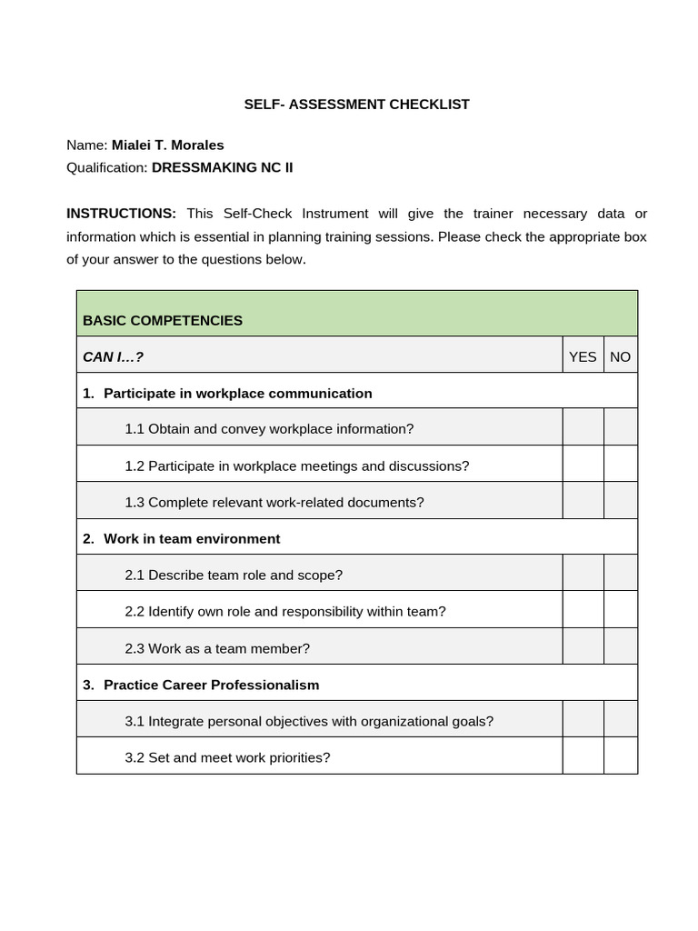 Self - Assessment Checklist | PDF