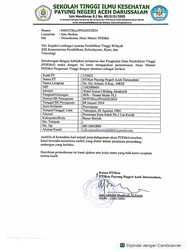 Surat Permohonan Akun Master Pddikti 2024 | PDF