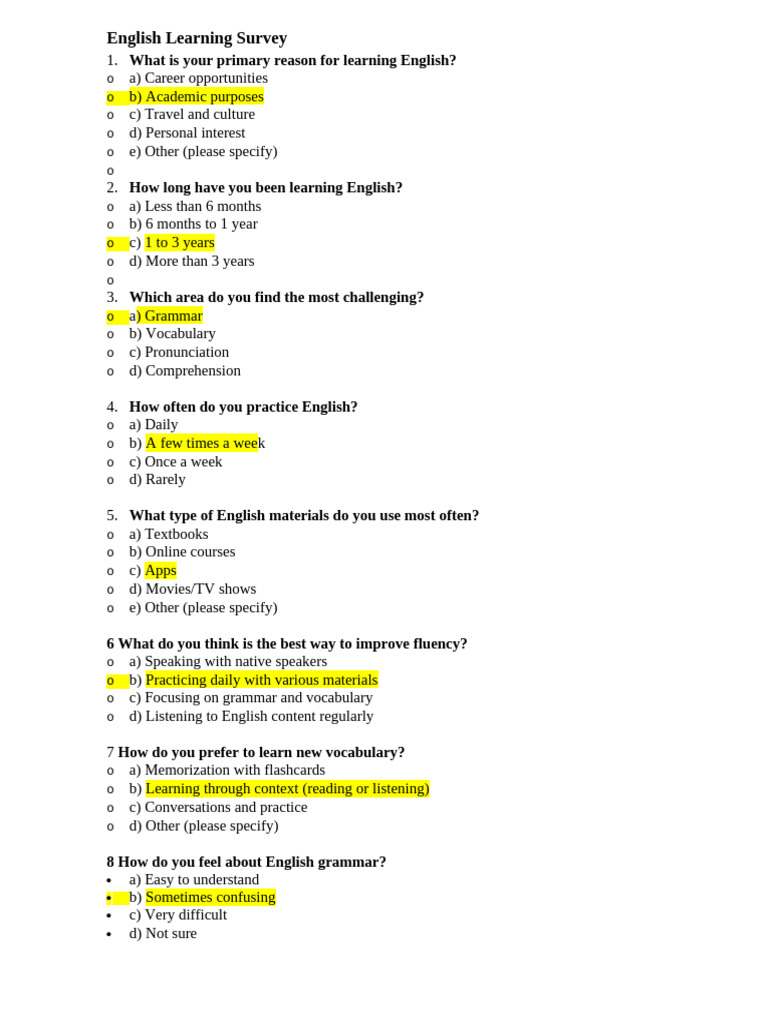 English Learning Survey | PDF | Career & Growth | Language Arts ...
