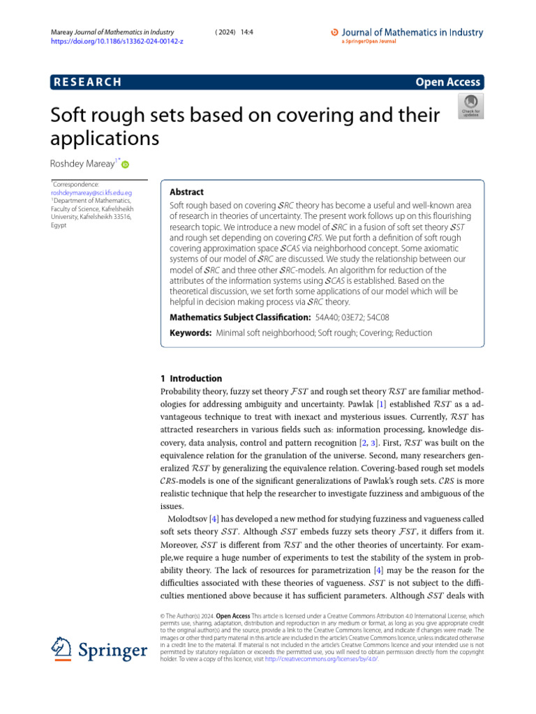 Soft Rough Sets Based On Covering and Their Applications: Research Open Access | PDF