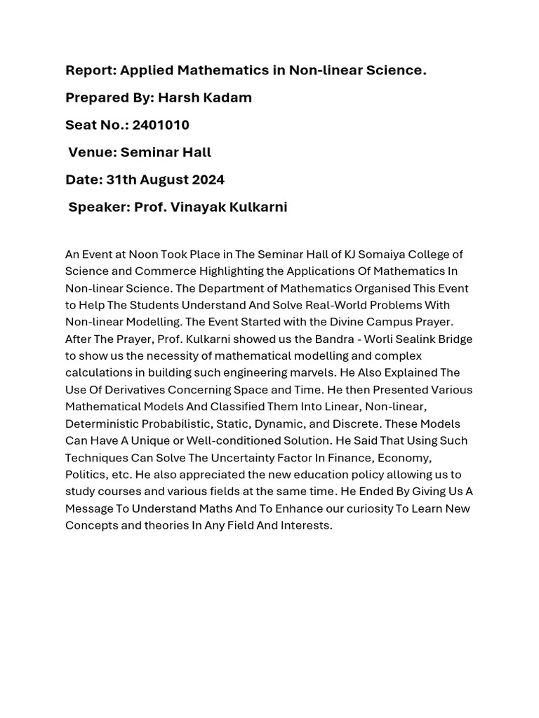 Applied Mathematics Seminar Report | PDF