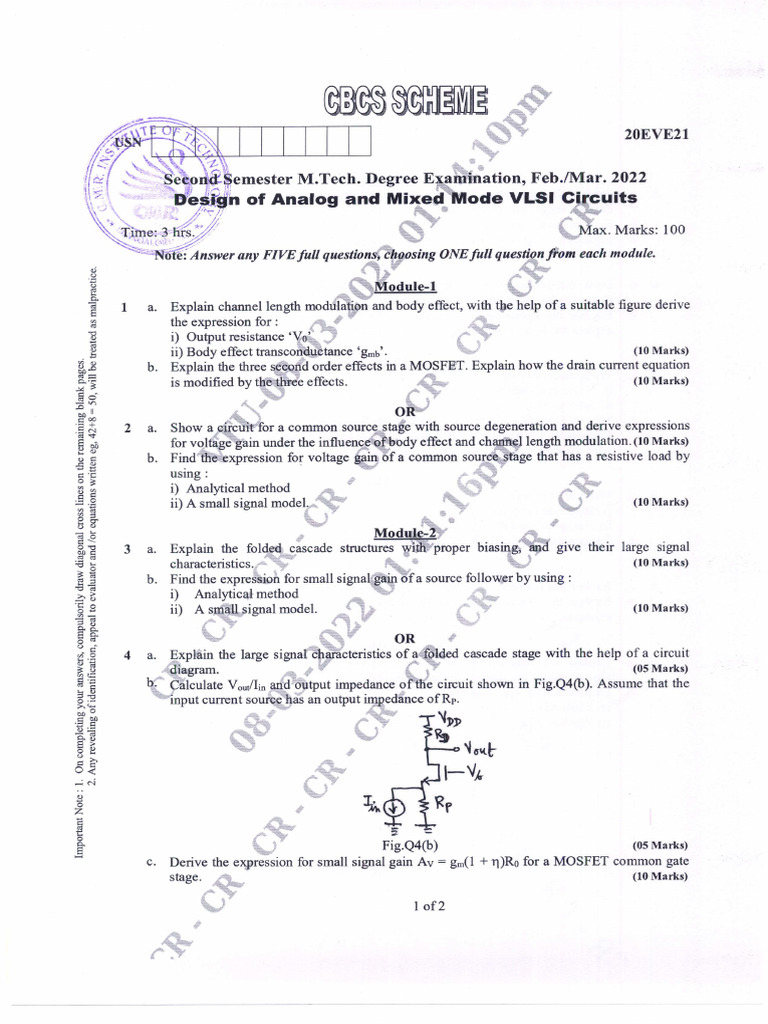 VTU Question Paper of 20EVE21 Design of Analog and Mixed Mode VLSI ...
