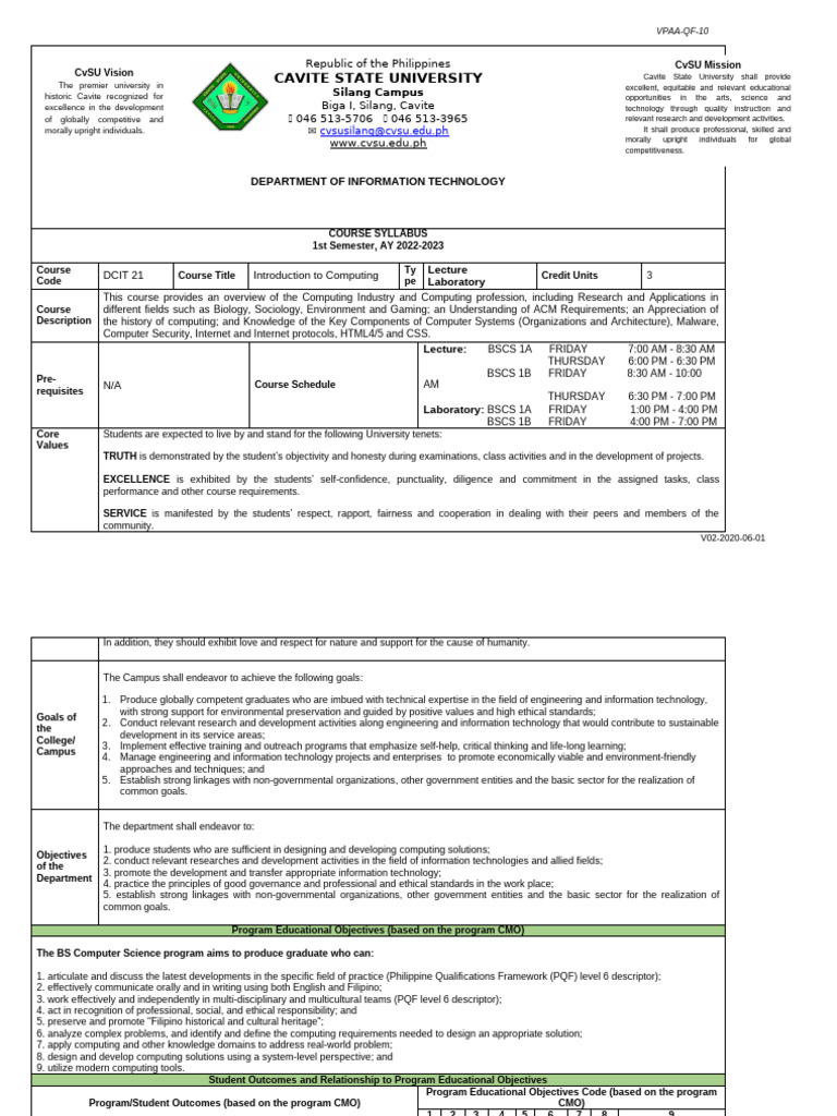 DCIT-21 Syllabus BSCS 2324 | PDF