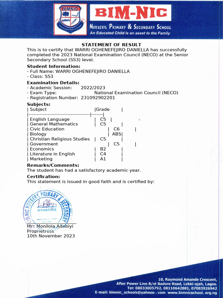 Warri Oghenefejiro Daniella Statement of Result | PDF | Career & Growth ...
