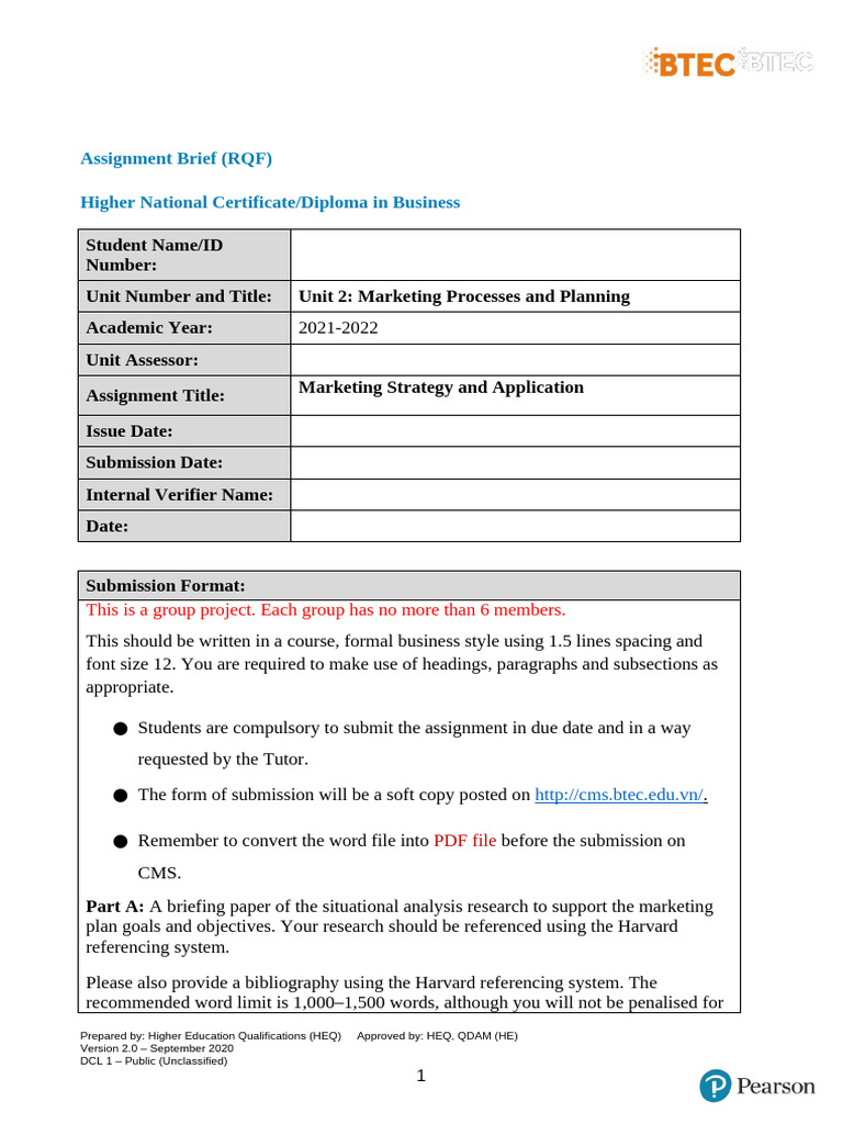 Unit 2 - MKT Planning and Processes-Assignment 2 Brief - BTEC Revised | PDF