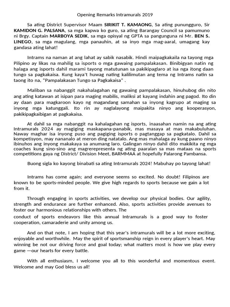 Opening Remarks Les Intrams | PDF