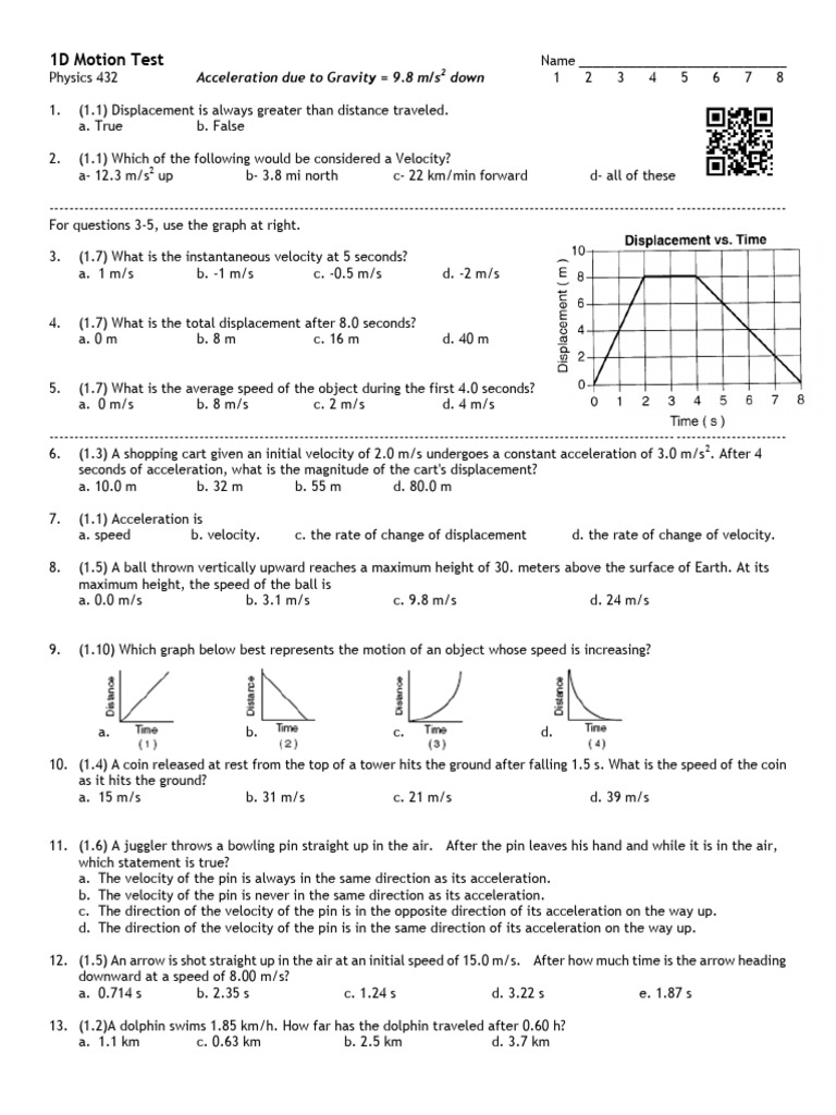 1D Motion Test Questions | PDF | Acceleration | Velocity