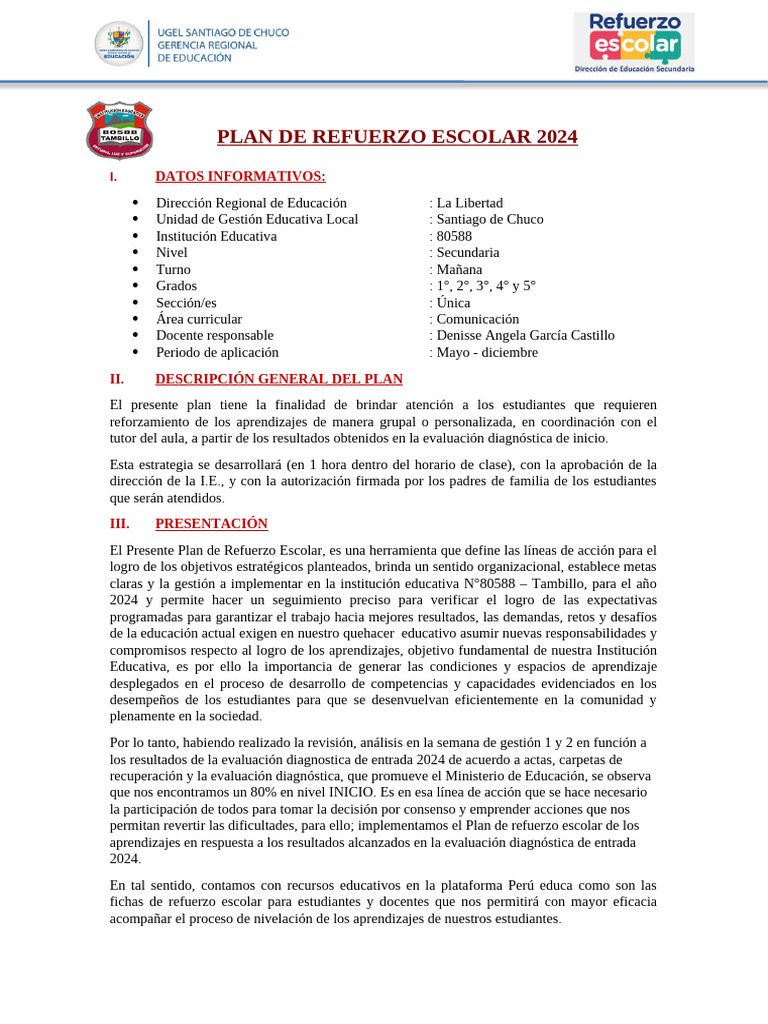 PLAN DE REFUERZO ESCOLAR 2024 - DENISSE | PDF