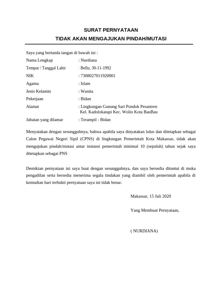 SURAT PERNYATAAN Mutasi Benar | PDF