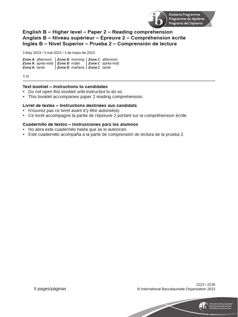 English B Paper 2 Reading Comprehension Text Booklet MAY 2023 | PDF