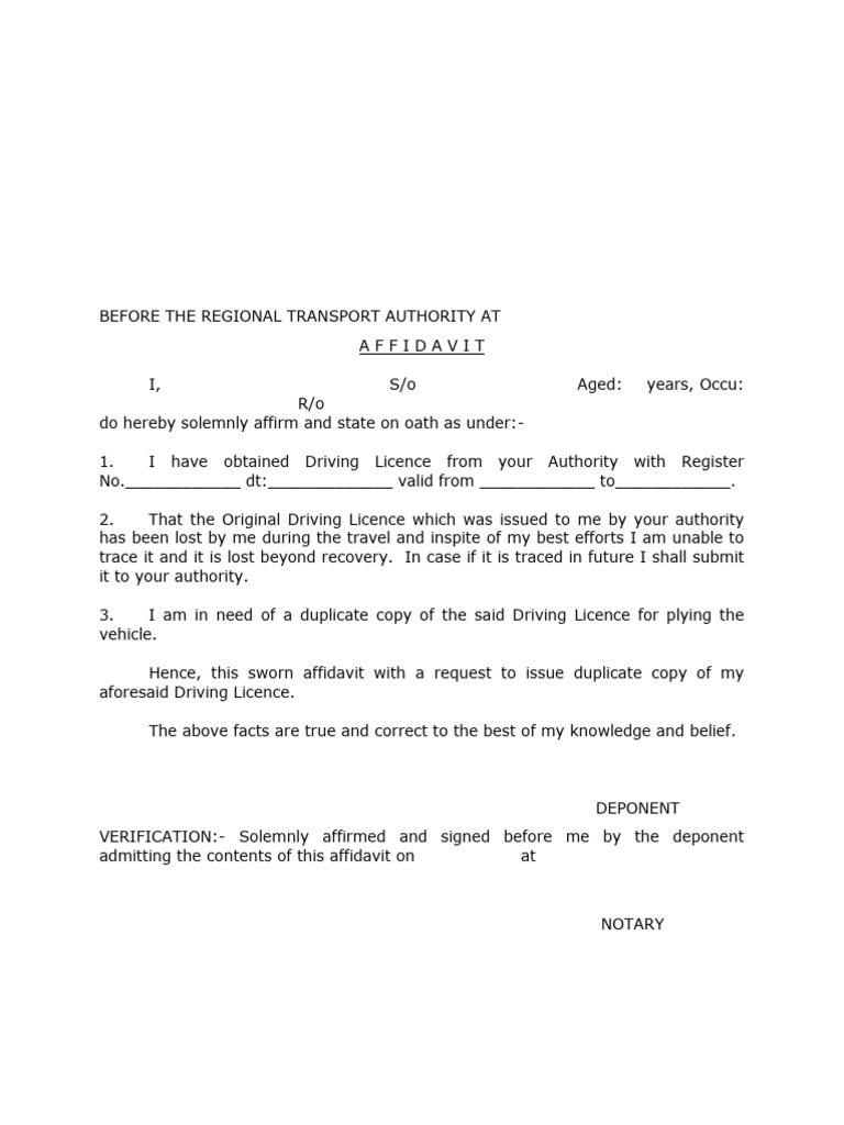 Affidavit For Issue of Duplicate Driving Licence | PDF