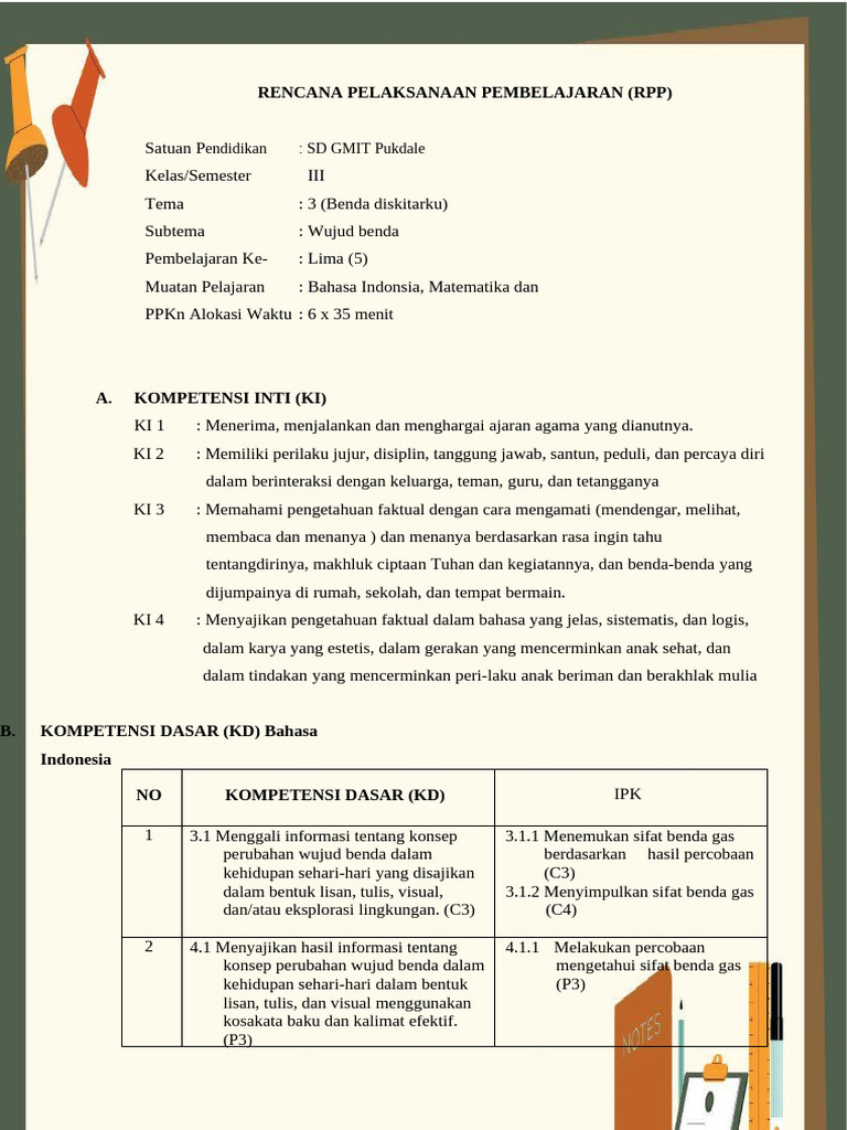 RPP (Instrumen Assesmen) Kls 3 | PDF