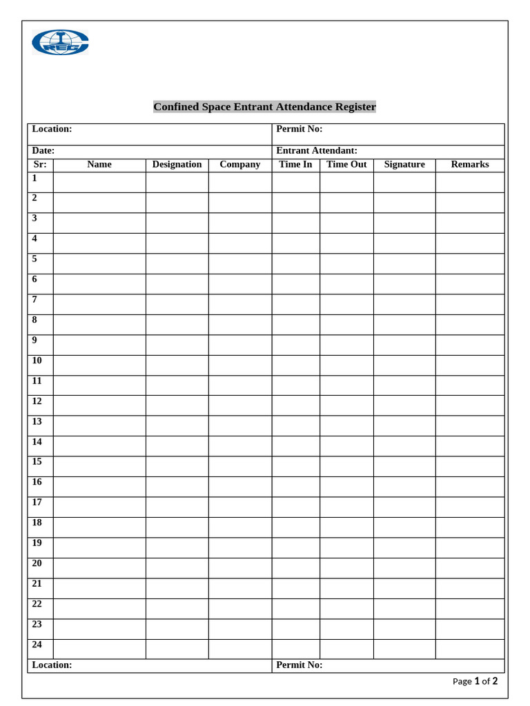Confined Space Entrant Attendance Register | PDF