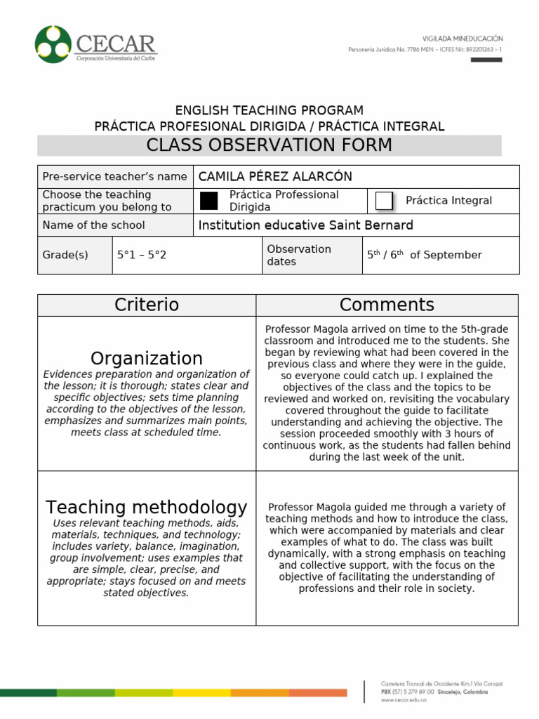 Class Observation Form | PDF