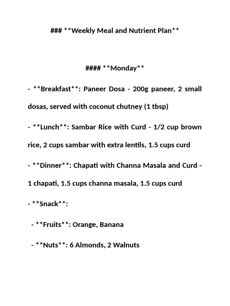 Weekly Meal and Nutrient Plan | PDF