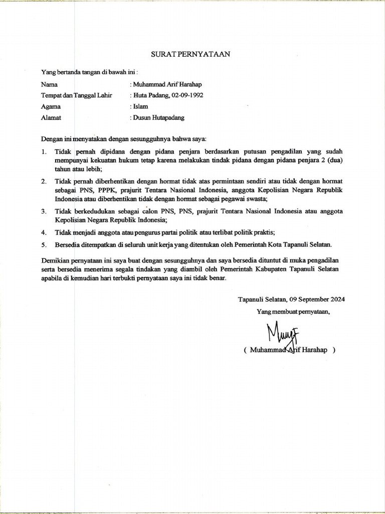 Surat Pernyataan 5 Point M Arif | PDF