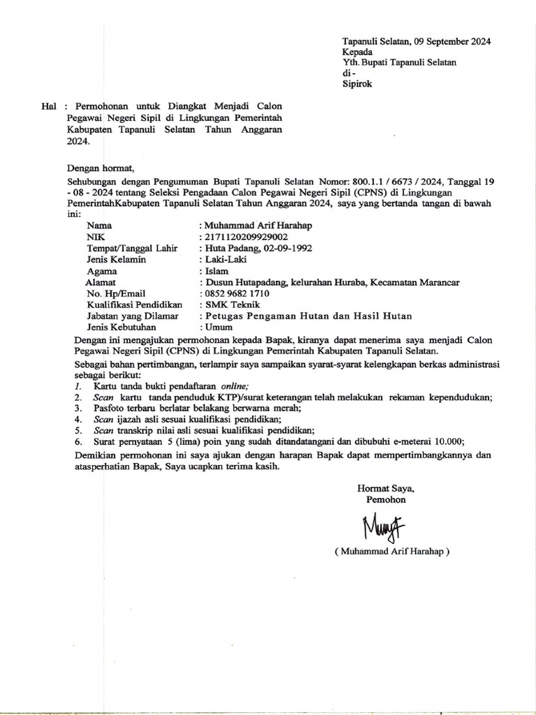 Surat Lamaran Muhammad Arif | PDF
