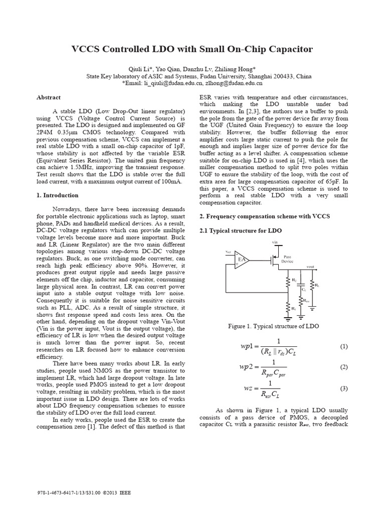 VCCS Controlled LDO With Small On-Chip Capacitor | PDF