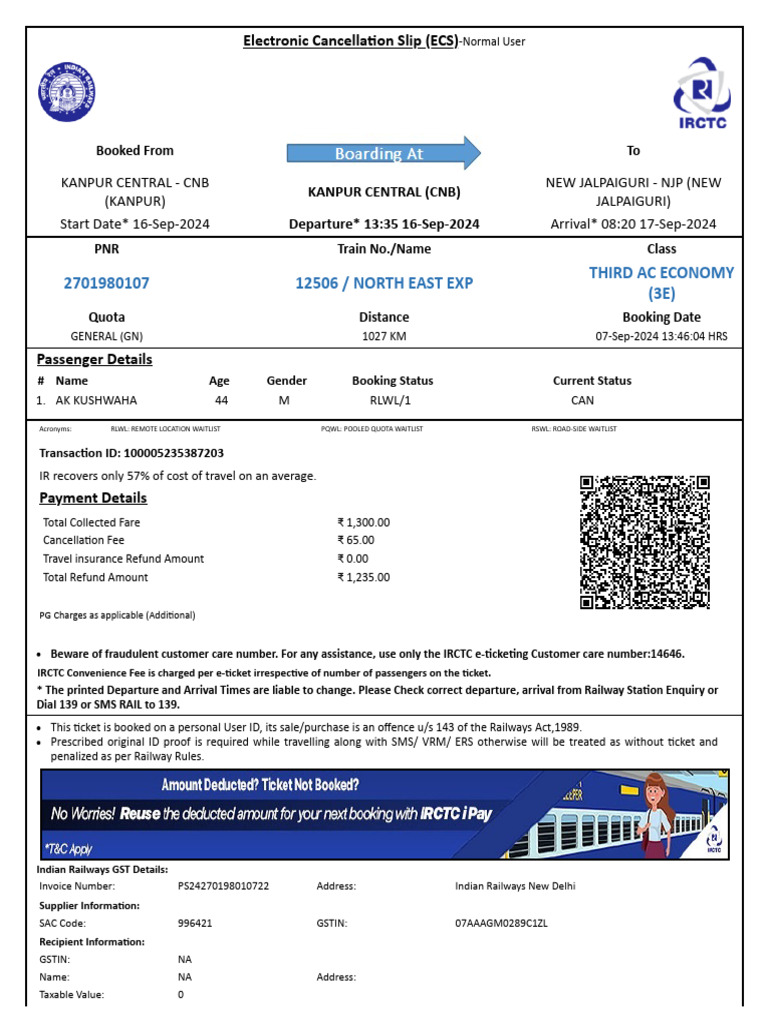 North East Exp Third Ac Economy (3E) : Electronic Cancella On Slip (ECS ...