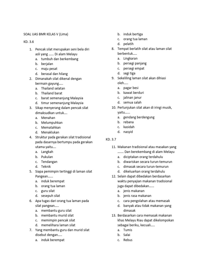 Soal BMR Uas Kelas 5 | PDF