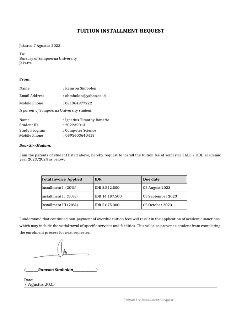 Tuition Installment Request FORM - FALL 23-3x (1423) | PDF