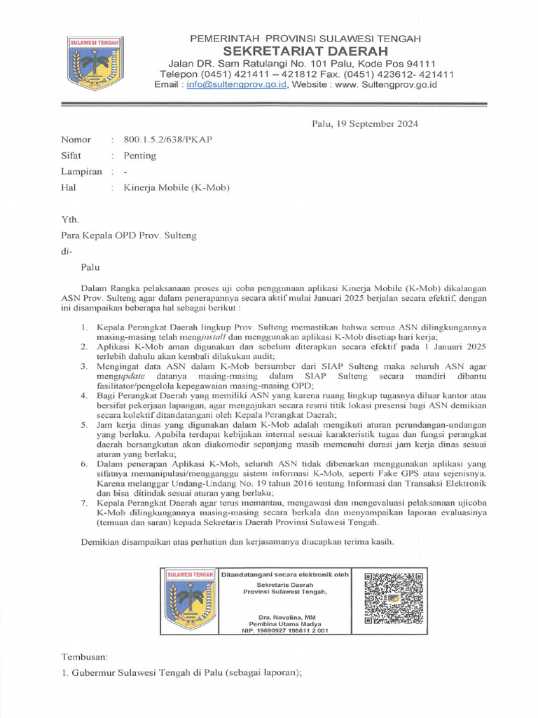 K-Mob PEMERINTAH PROVINSI SULAWESI TENGAH SEKRETARIAT DAERAH | PDF