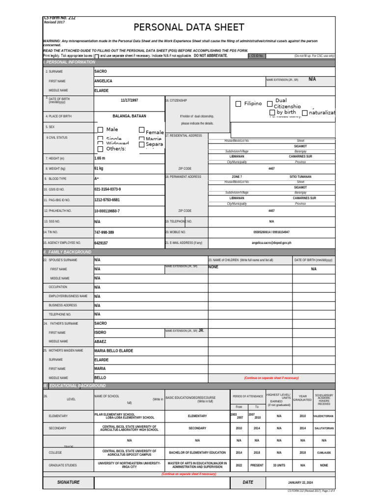 Cs Form No. 212 Revised Personal Data Sheet - New | PDF