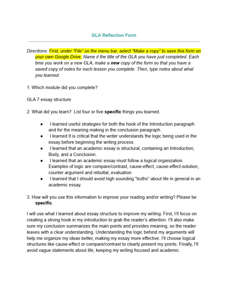 GLA Reflection Form | PDF