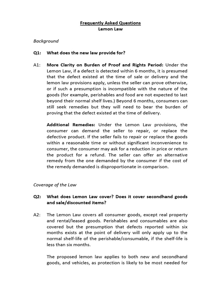SG Lemon Law FAQs | PDF