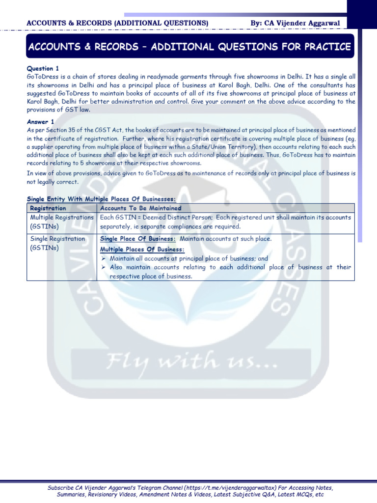 GST Chapter 12 - Accounts & Records (Additional Subjective Q&A + MCQS) | PDF