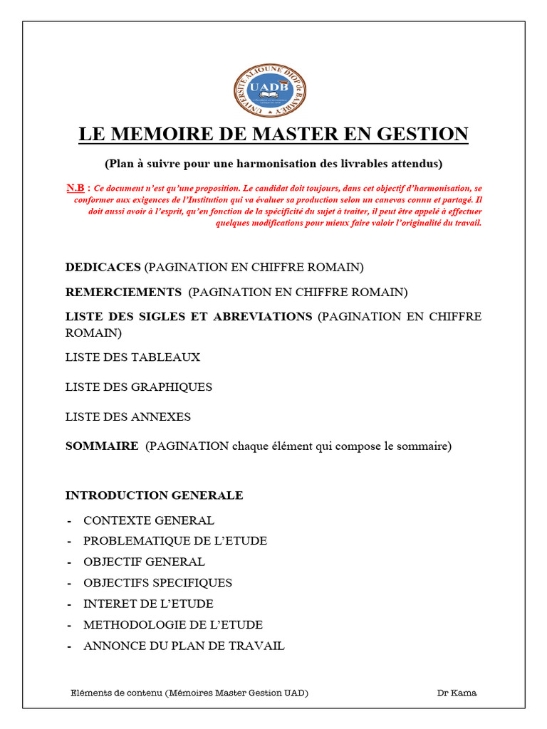 Détails PLAN Mémoire - UAD | PDF