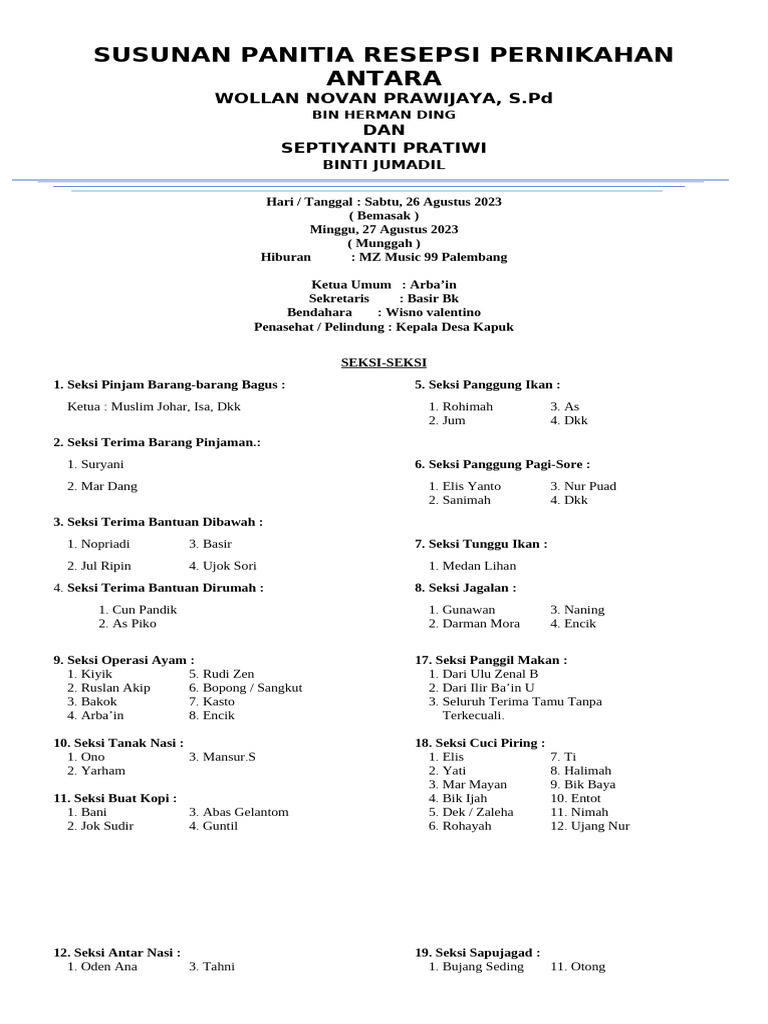 Susunan Panitia Resepsi Pernikahan | PDF