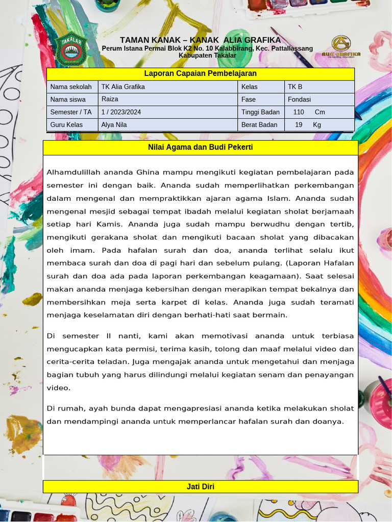 Rapor PAUD Kurikulum Merdeka (Contoh 7) | PDF