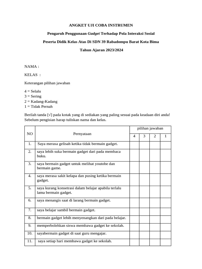 Angket Uji Coba Instrumen | PDF