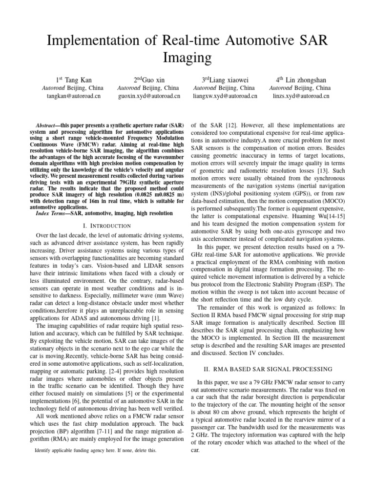 Implementation of Real-Time Automotive SAR Imaging | PDF