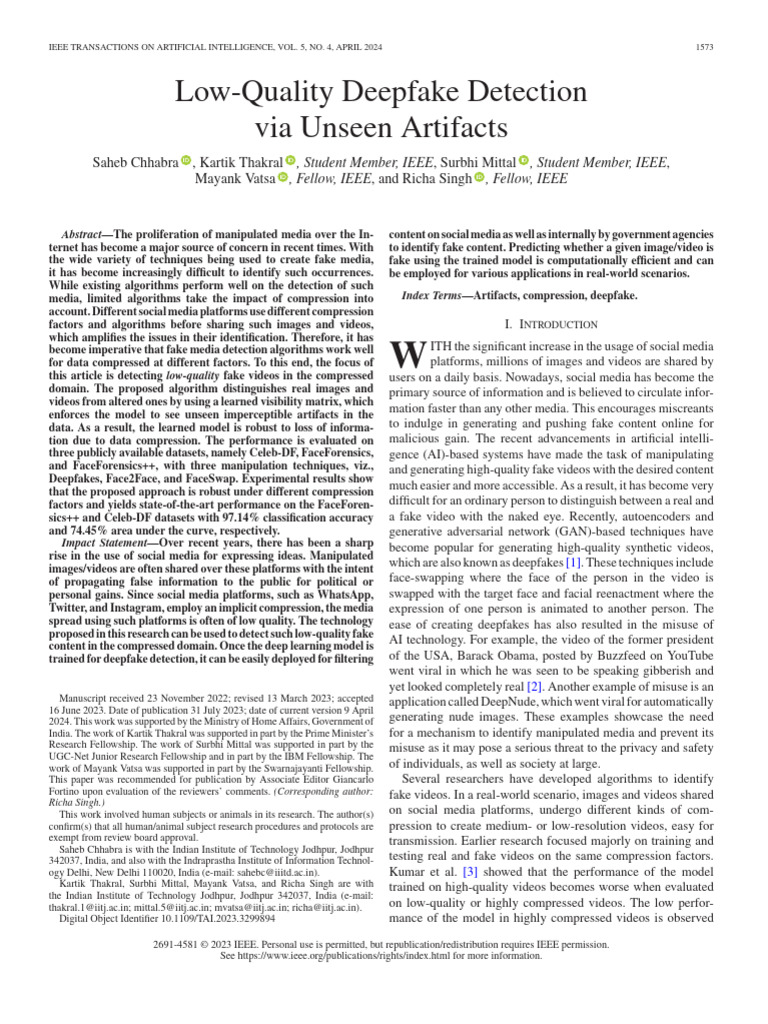 Low-Quality Deepfake Detection Via Unseen Artifacts | PDF