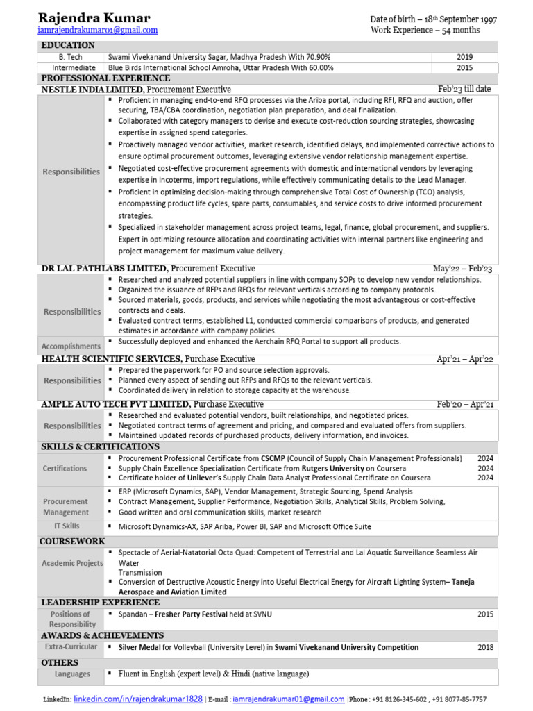 Cv Rajendrakumar Procurement Officer | PDF