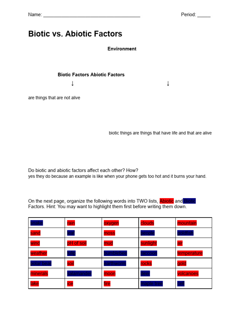Student Outline Notes-Biotic vs. Abiotic Notes | PDF