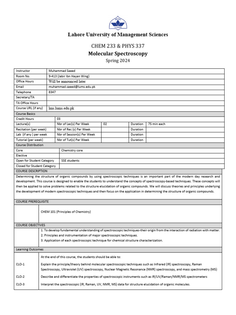 CHEM 233 - PHY 337 - Molecular Spectros | PDF
