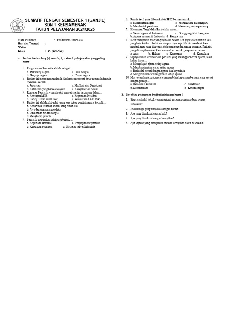 Soal STS 1 PPKN Kelas IV | PDF