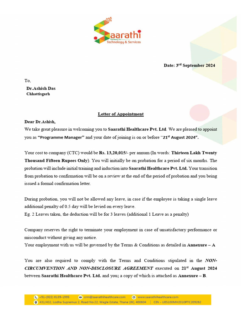 Ashish_Das_Appointment letter | PDF