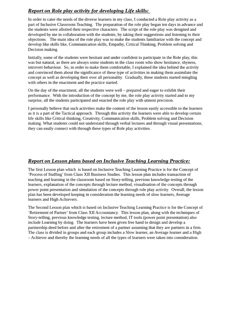 Brief Write Up On Lesson Plans and Life Skills Activity | PDF