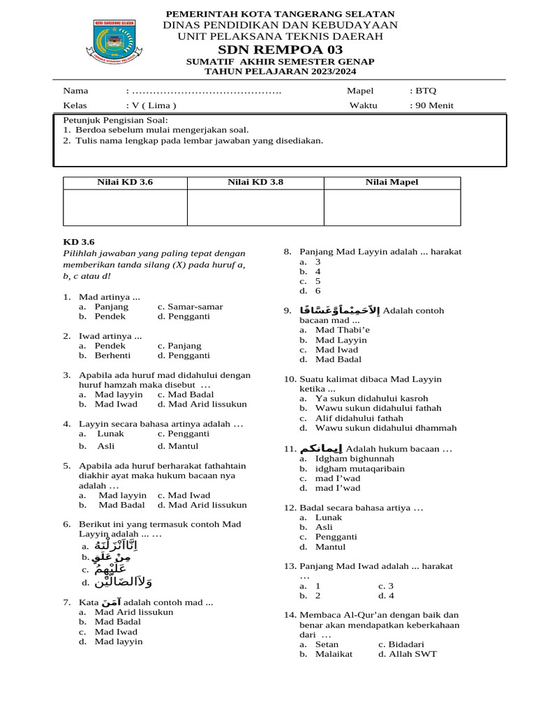 Soal Pat BTQ Kelas 5 2024 | PDF