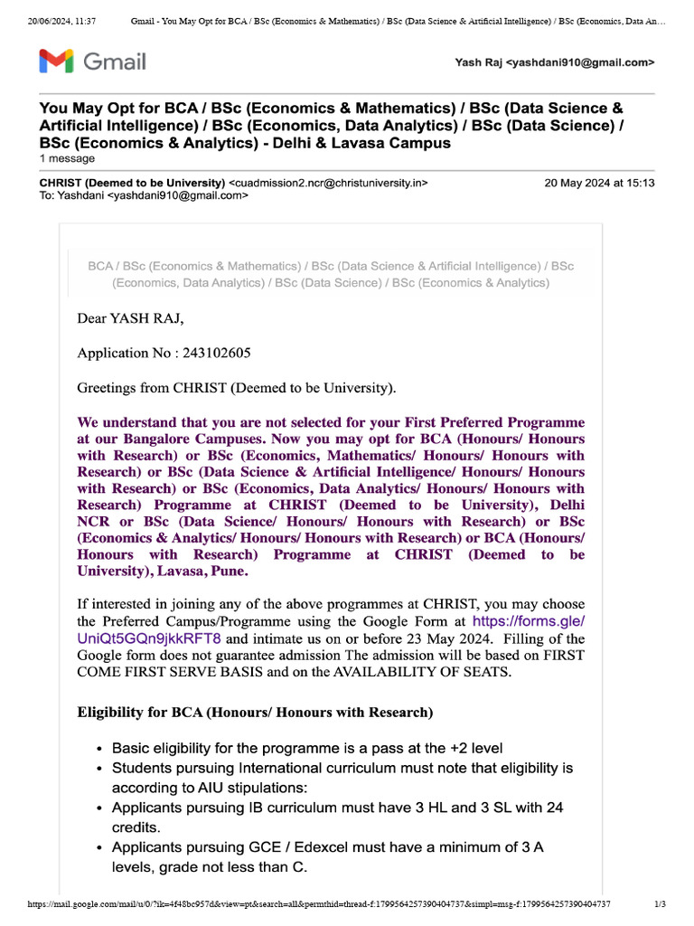 Gmail - You May Opt for BCA _ BSc (Economics & Mathematics) _ BSc (Data Science & Artificial ...