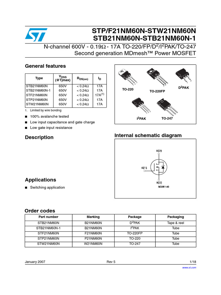 STMicroelectronics STB21NM60N Datasheet | PDF