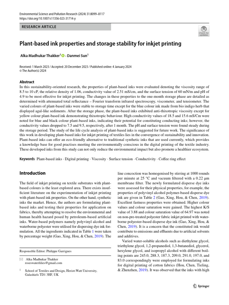 Plant Based Ink Properties and Storage Stability For Inkjet Printing | PDF