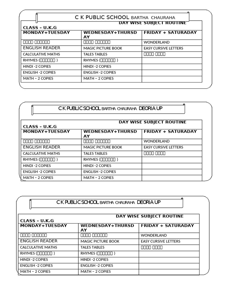 Class Ukg Daily Subject Routine | PDF