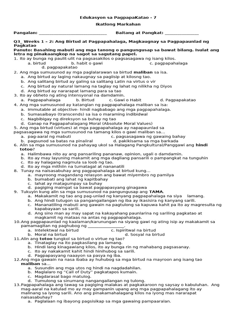 Grade7 Q3 WW1 ESP | PDF